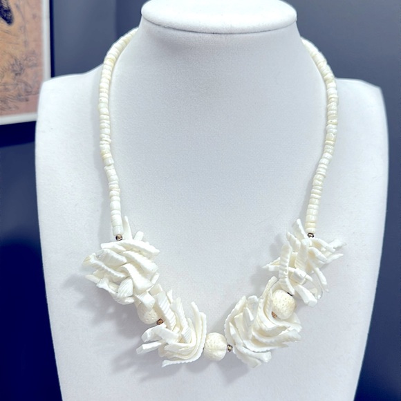 Jewelry | Vintage Genuine Coral White Sea Shell Beaded Bib Necklace ...